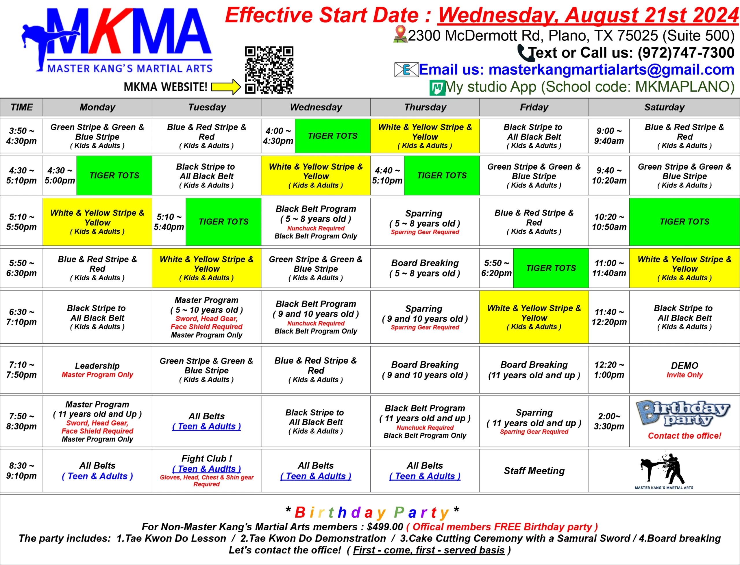 Plano TX Martial Arts Class Schedule | Master Kang's